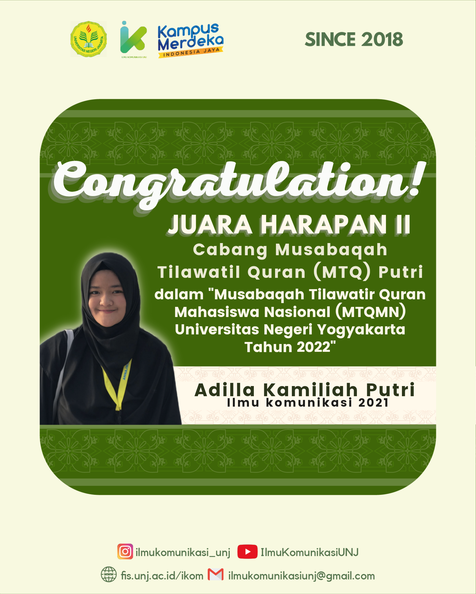 Mahasiswi S1 Prodi Ilmu Komunikasi UNJ Raih Juara Harapan II Musabaqah Tilawatil Quran Mahasiswa ...